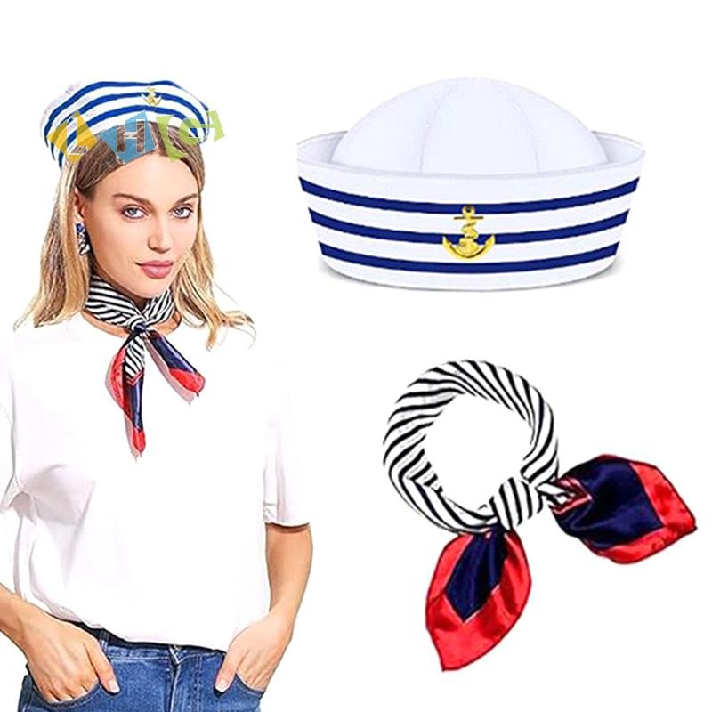 [LHG] Women Small Square Scarf Sailor Cap Set Stewardess Striped ...