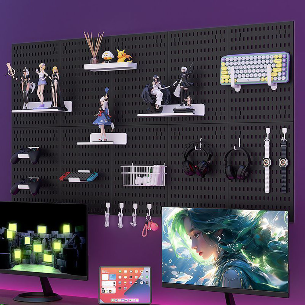 Wall Storage Rack Hole Board Storage Shelf With Sticker Hanging Hooks ...