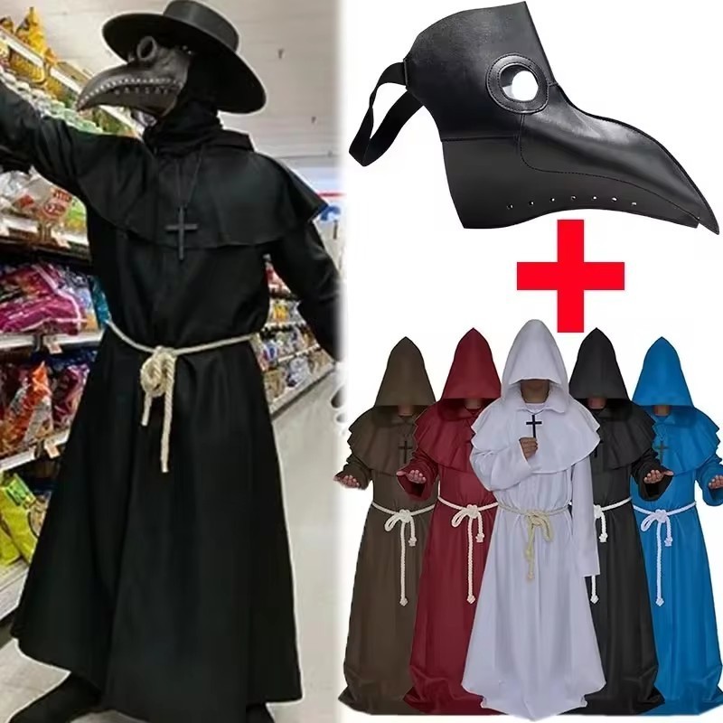 Halloween Medieval Priest Monk Cosplay Hooded Robe Horror Wizard Cloak ...