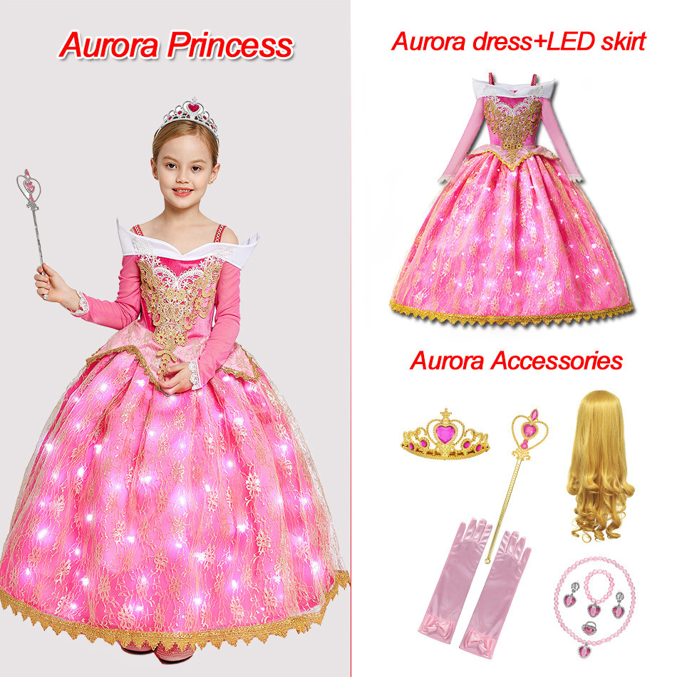 Aurora Princess Dress with LED Skirt Kids Girl Birthday Party Glowing ...