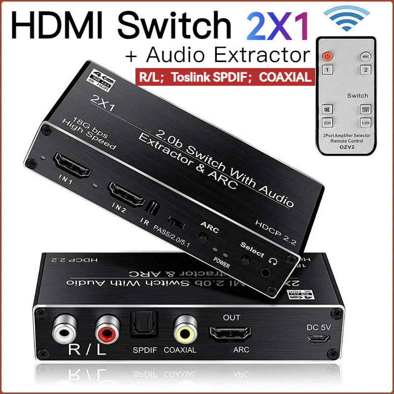 4K HDMI Switcher Audio Extractor 2 in 1 out HDMI ARC Audio Switch 2x1 ...