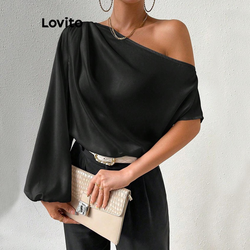 Lovito Women Elegant Plain Sloping Shoulders Blouse LNL61238 | Shopee ...