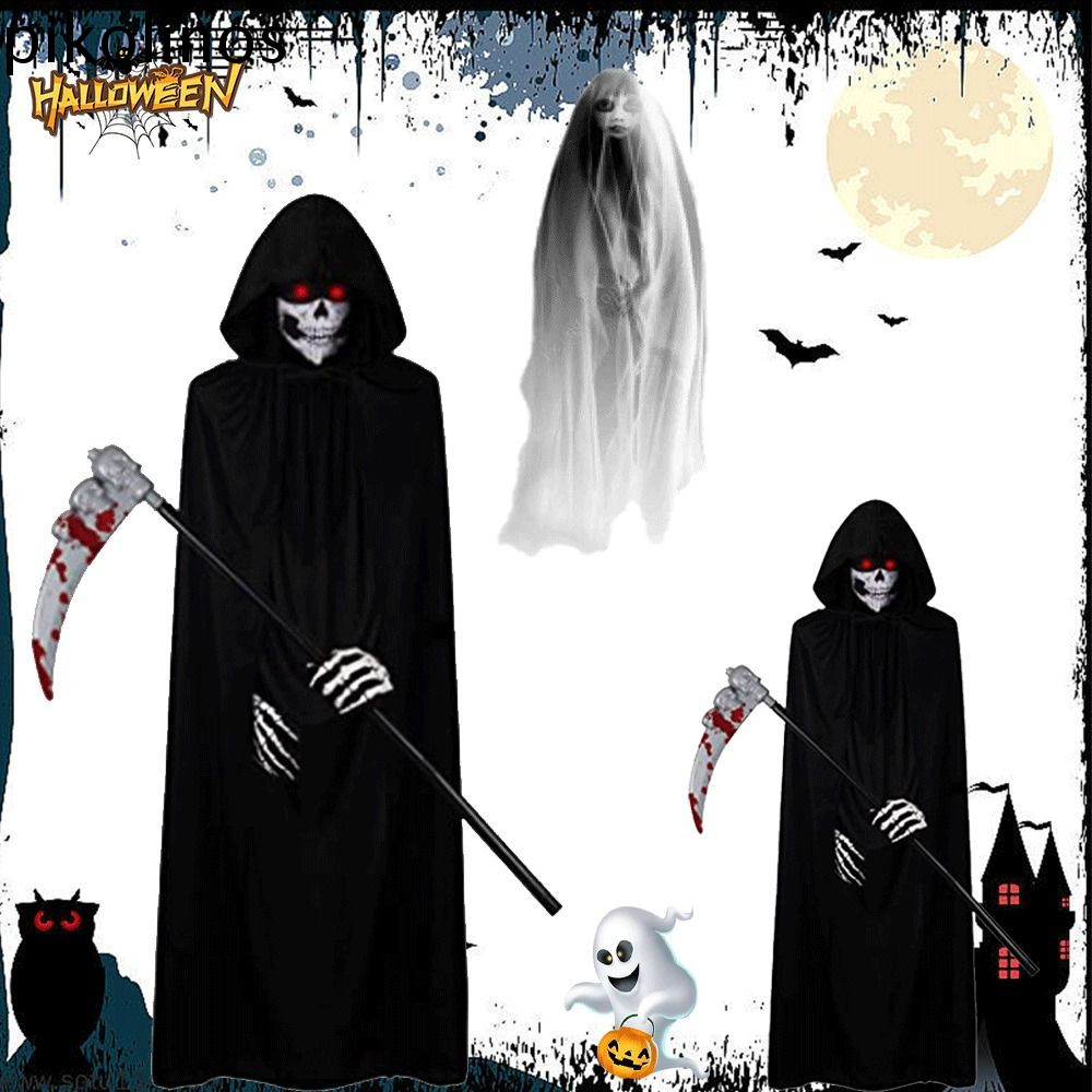 PIKOLINOS Halloween Grim Reaper Costume, With Glove Black Ghost Reaper ...