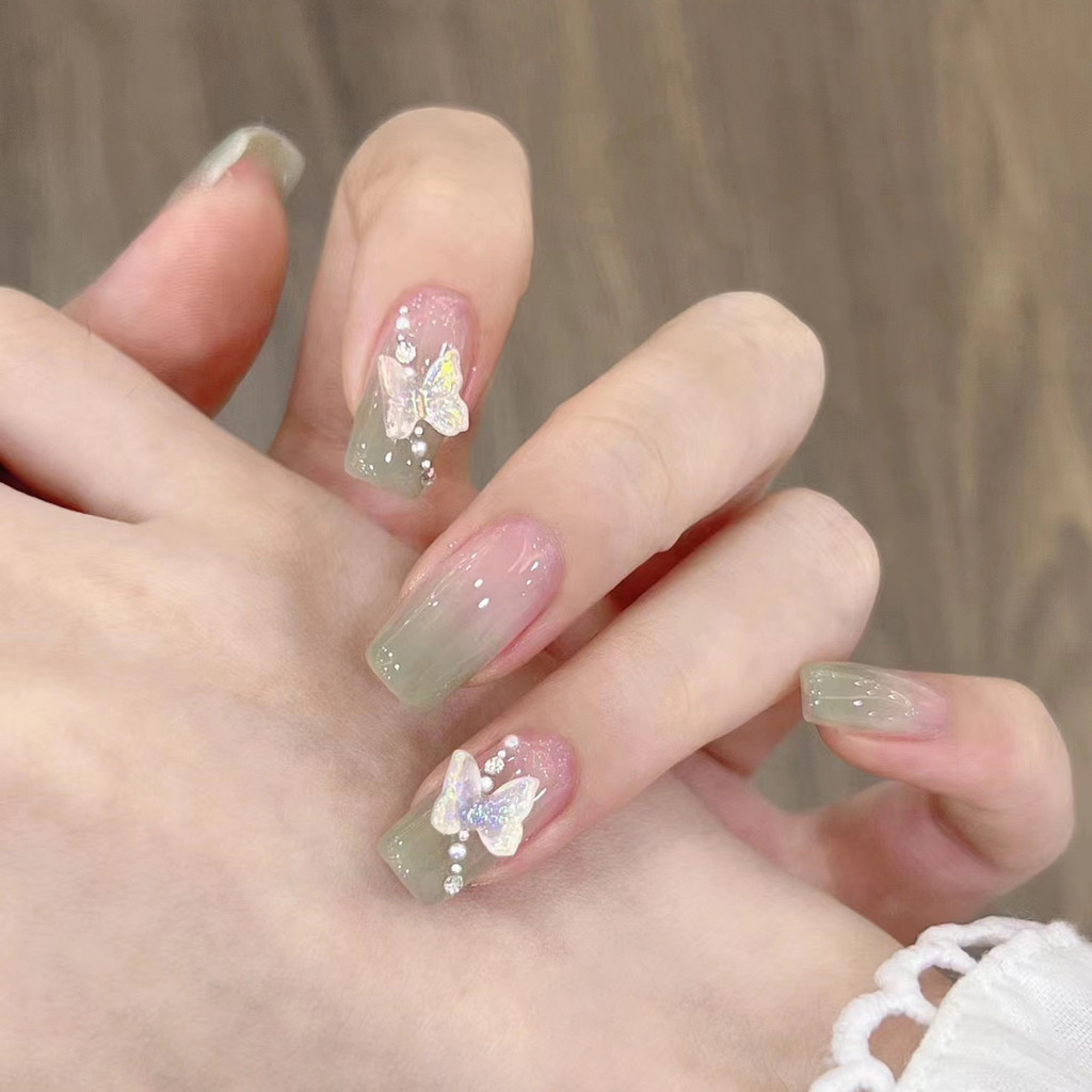 SOPHIAURA 3D Butterfly Fake Nails Super Short Square Shape Press on ...