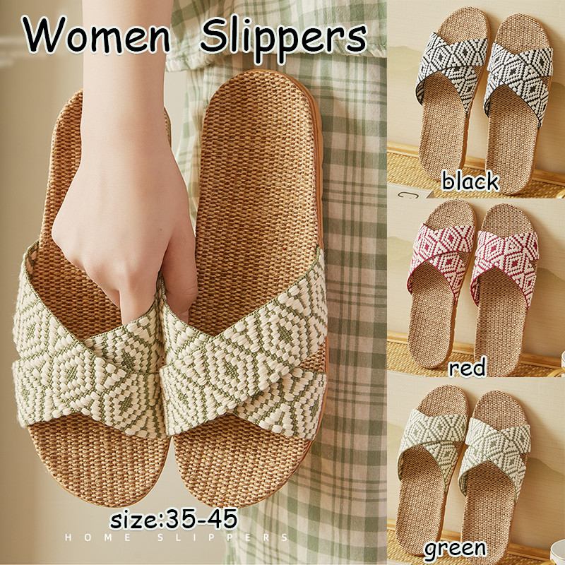Summer Slippers Bedroom Slippers Women Soft Light Linen Rattan Sandal ...