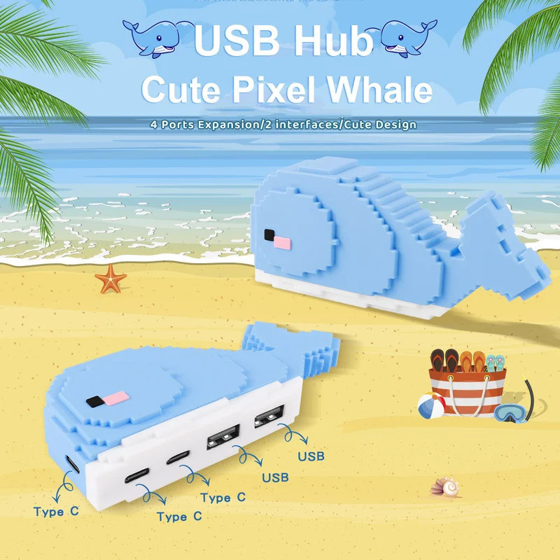 Cute Cartoon Pixel Whale Shape USB HUB For Desktop Ornament USB Dock ...