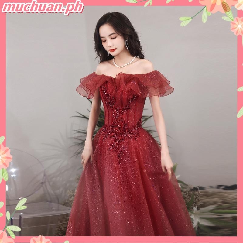 Wine Red Off Shoulder Evening Dress Gown For JS Prom Dress New Long ...