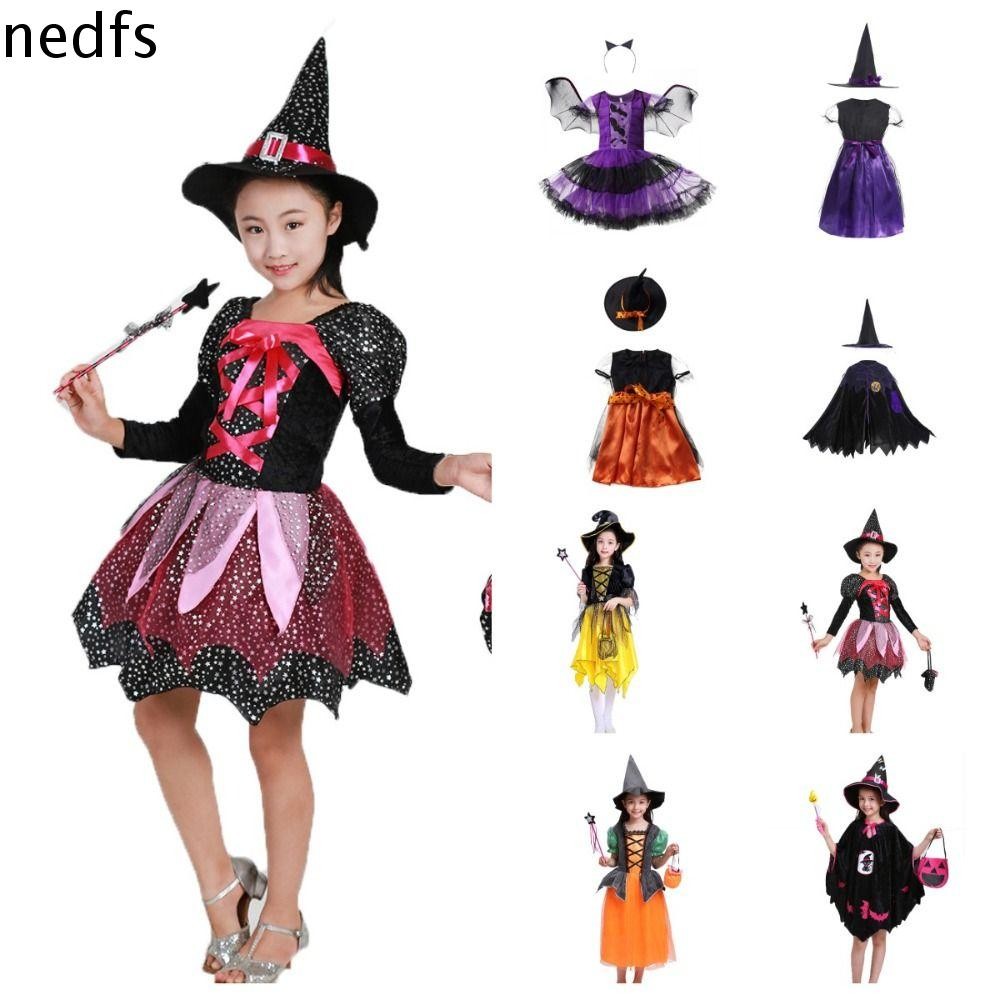 NEDFS Halloween Witch Costume, Glittery Mesh Dress with Witch Hat Kids ...