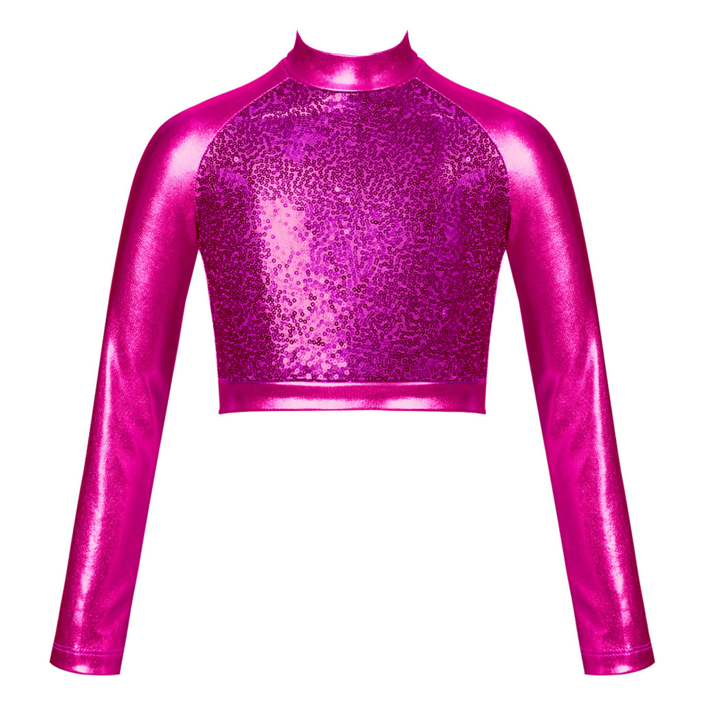 Yartina Kids Girls Shiny Metallic Dance Top Long Sleeve Sequin Dance ...