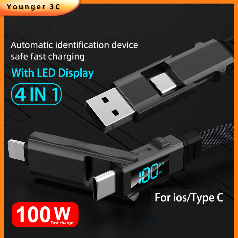 4 in 1 nylon weave usb to type c cable with LED digital display 100W ...