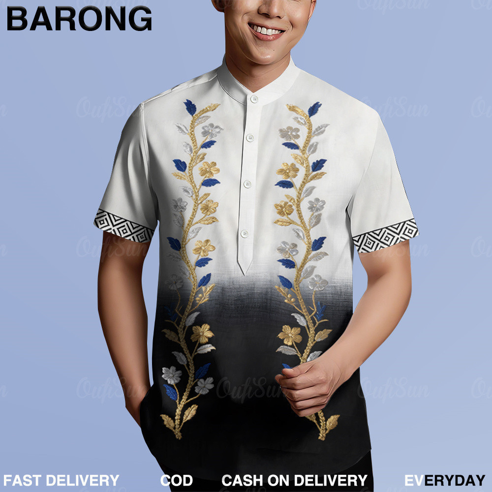 2025 New Retro Men's Barong Shirt with Deep Purple Gradient Print ...