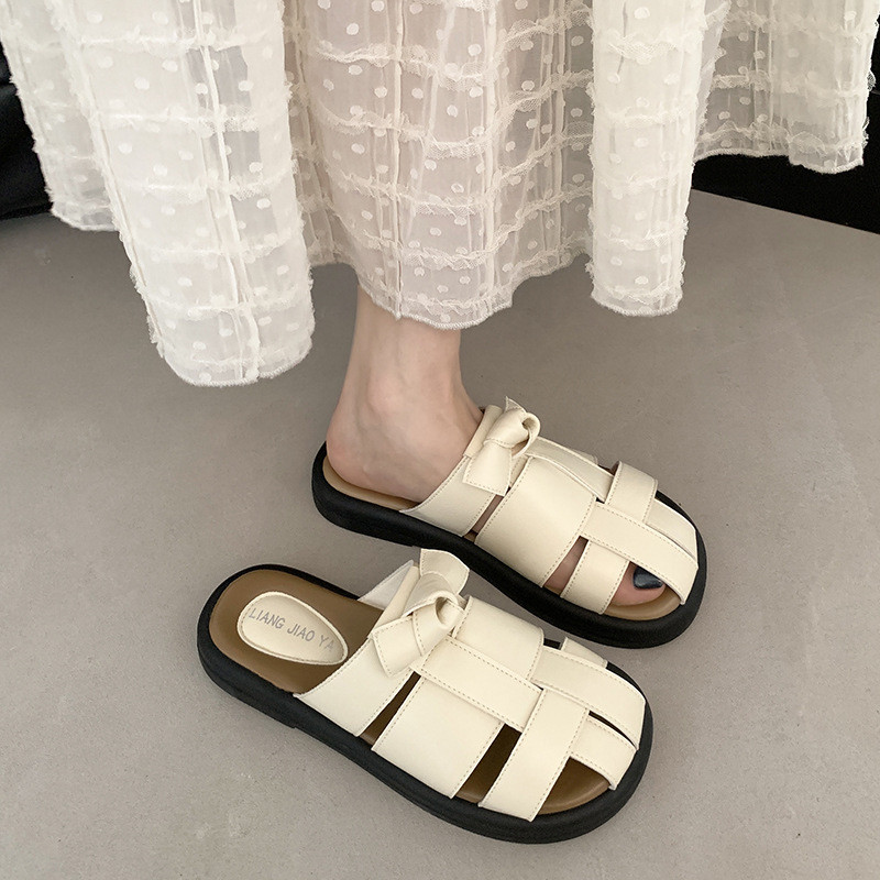 High-end Beige Round Toe French Toe-Covered Slippers Women Summer Outer ...