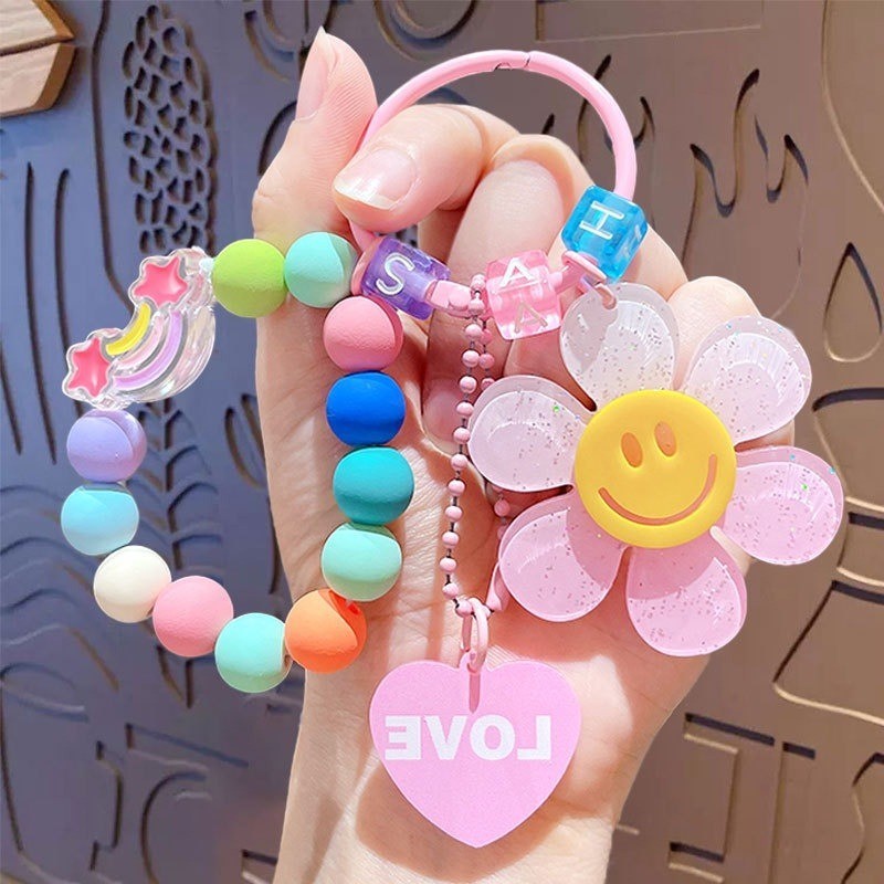 Korean Style Sweet Flower Keyrings Colorful Beaded Chains Keychains ...