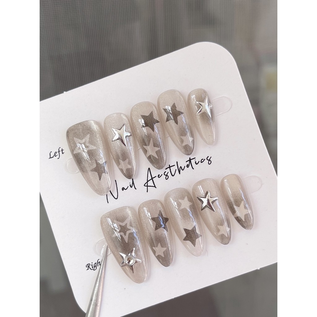 [HANDMADE]Artificial Nail Almond Shape Gray Silver Star Phototherapy ...