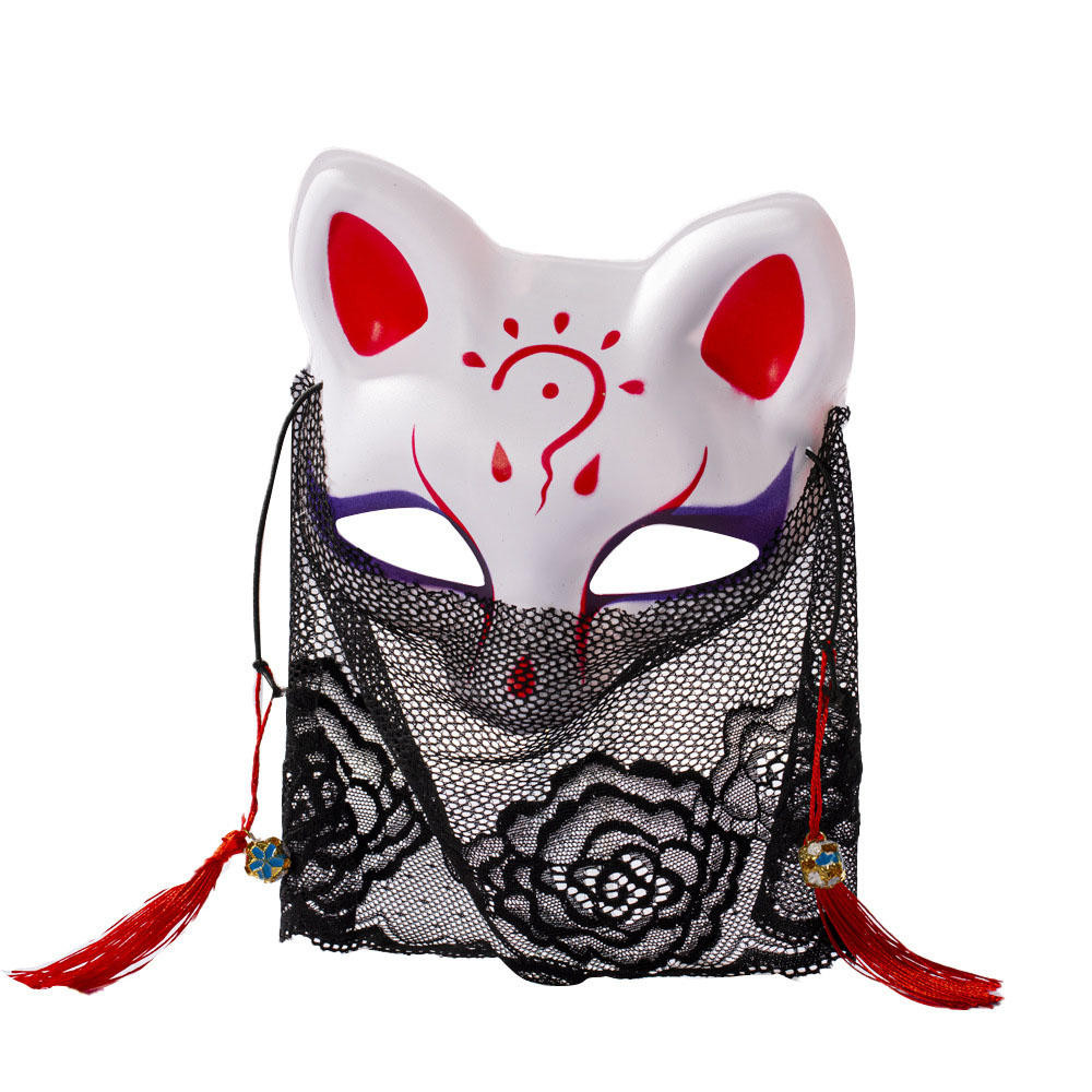 Fox Mask Japanese Style Half Face Mask with Black Lace Veil Animal ...