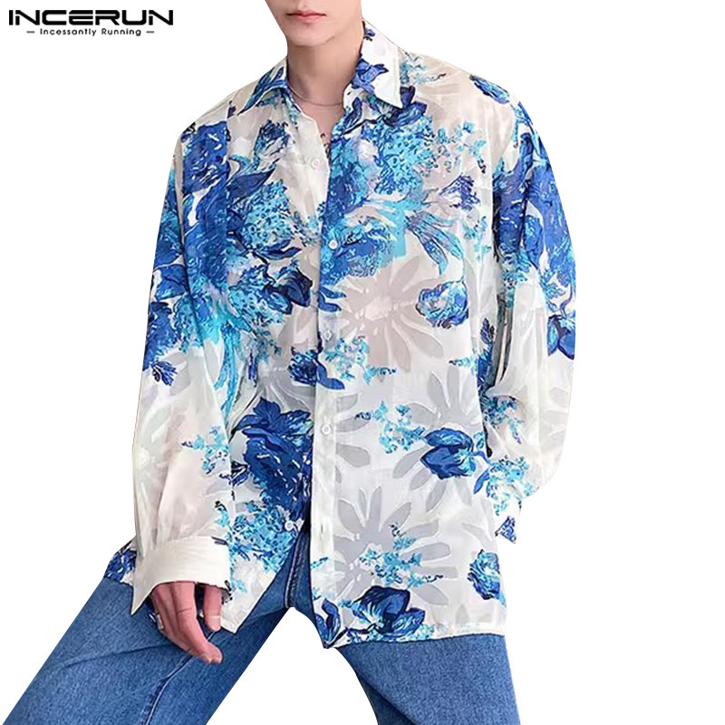 INCERUN Men Korean Casual Floral Print Buttons Long Sleeve Shirts ...