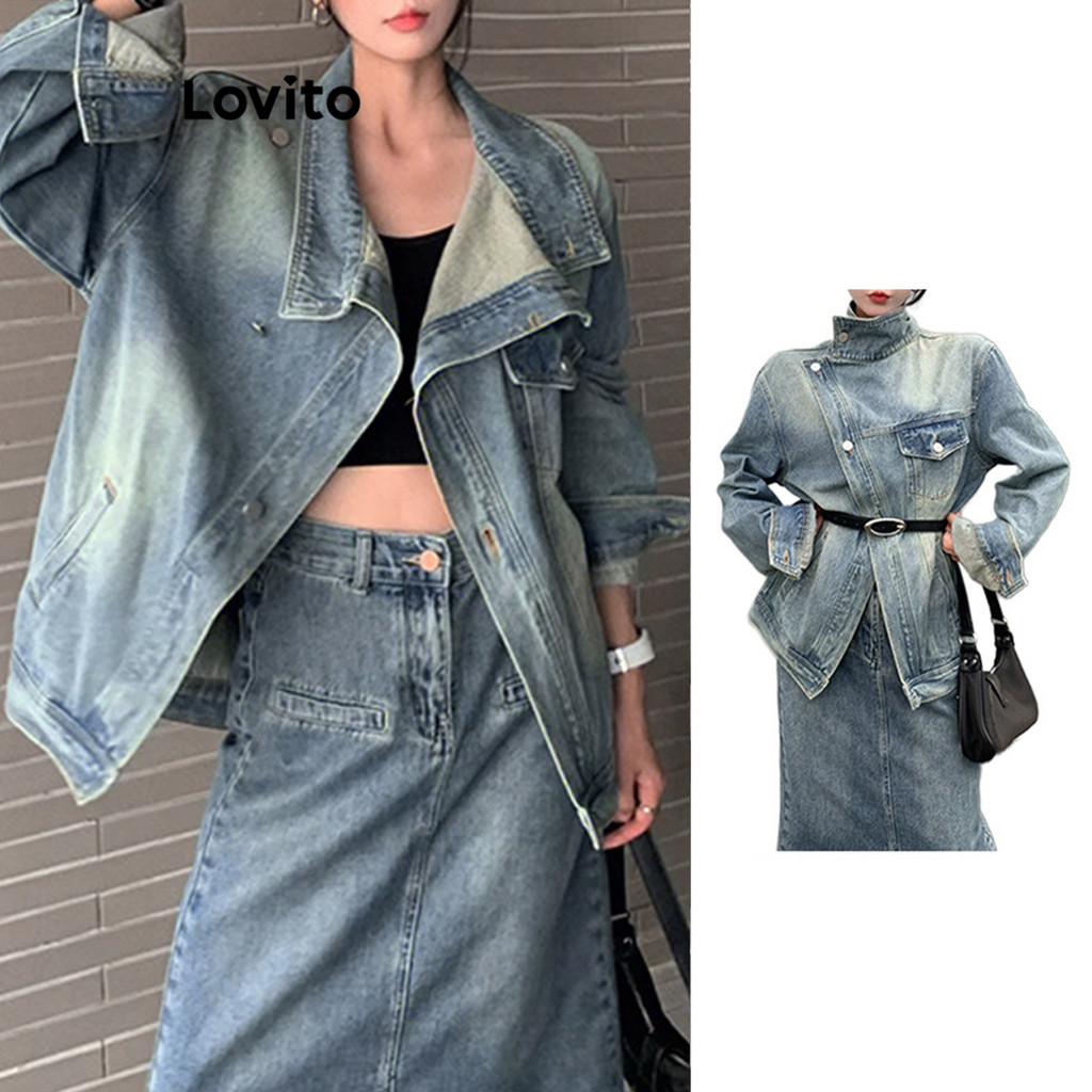 Lovito Women Casual Plain Pocket Asymmetrical High Neck Denim Jacket ...