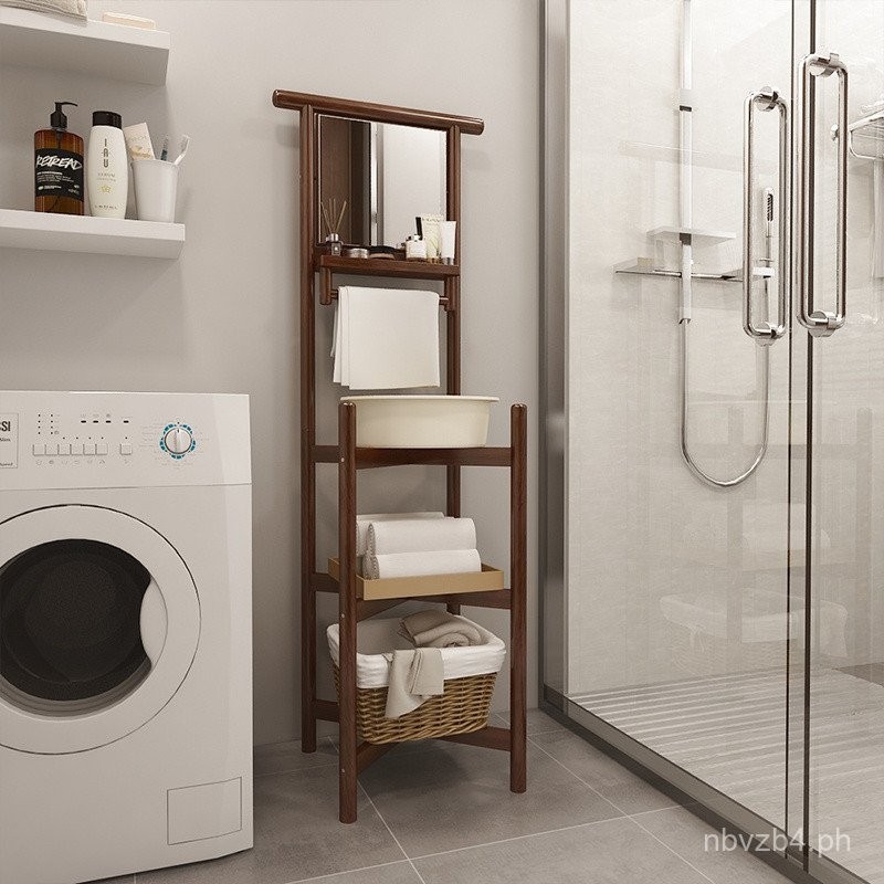 Solid Wood Wash Basin Stand Multi-Functional Bathroom with Mirror Floor ...