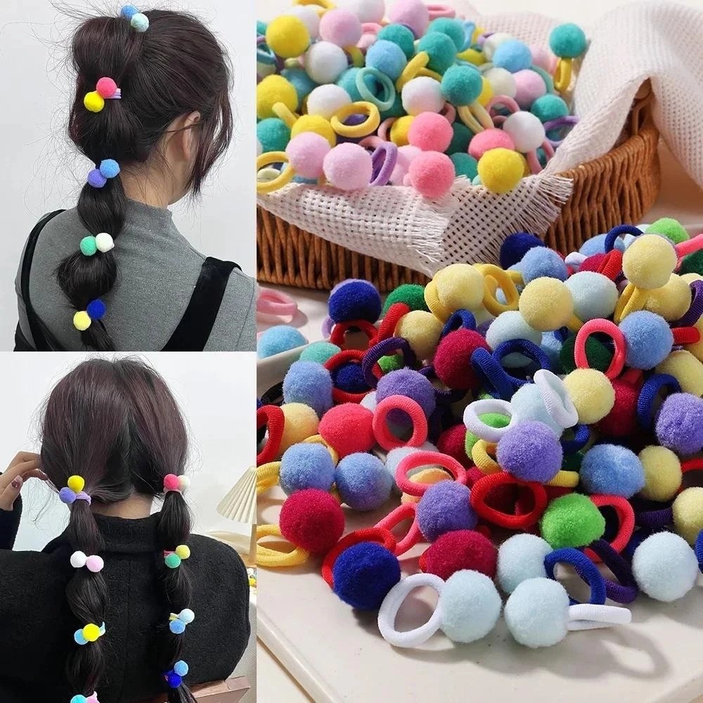 20Pcs Colorful Kids Elastic Hair Bands Girls Plush Ball Rubber Band for ...