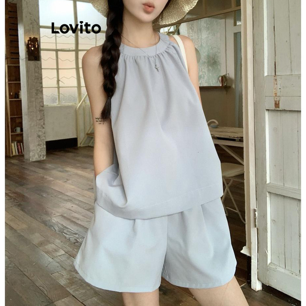 Lovito Women Elegant Plain Basical Shorts Sets LNE70598 | Shopee ...