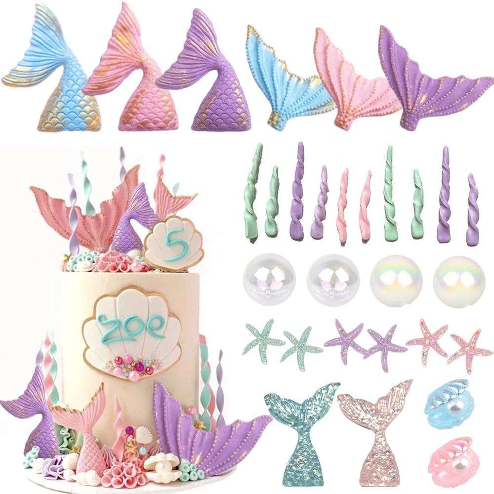 Mermail Cake Decoration Pink Purple Mermaid Tails Bubbles Shells Cake ...