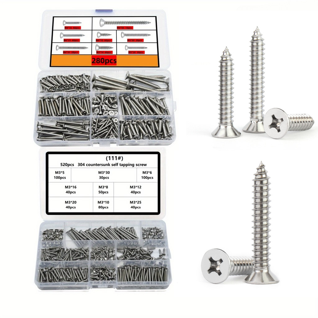 [JCSY] 280pcs/520pcs304 Stainless Steel Metal Plate Screw Kit Set, with ...