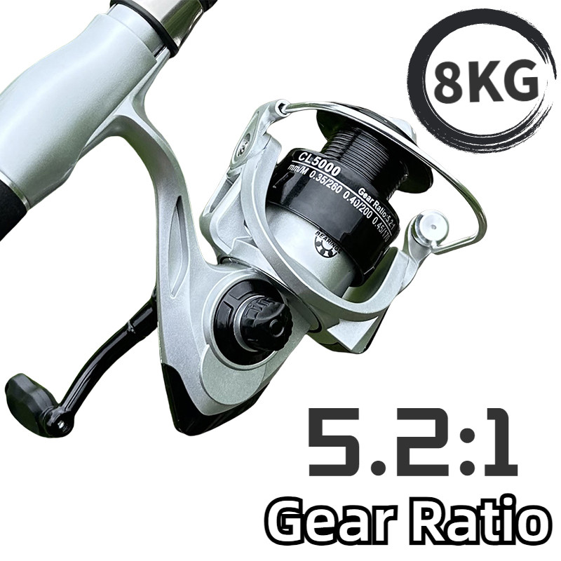 2000-7000 Series Ultra Smooth Spinning Fishing Reel High Speed 5.2:1 Nylon Line Cup Max Drag 8KG ...