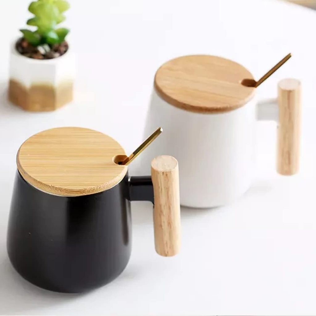 Home Nordic Style Coffee Mug with Wooden Spoon and Cover Modern Design ...