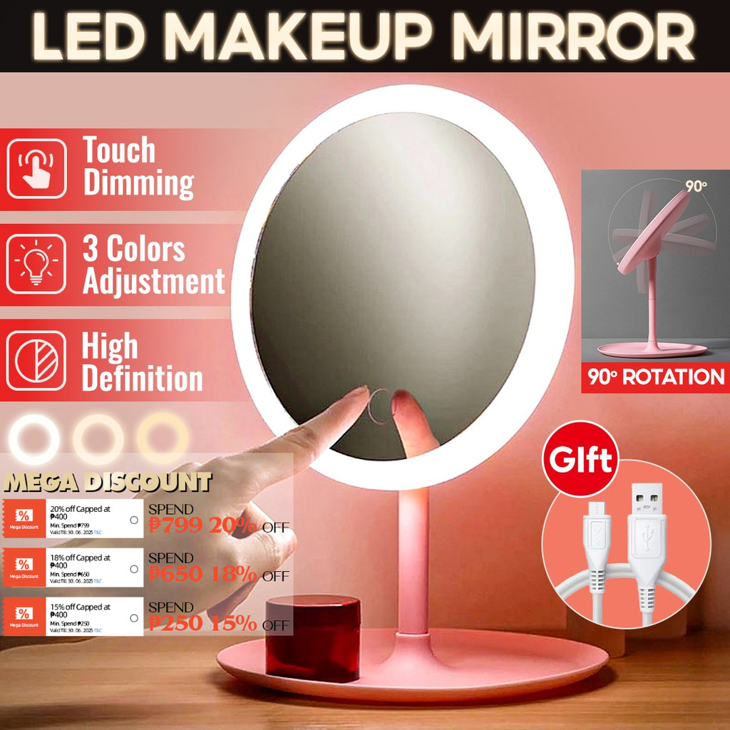 Vanity Mirror with 3 Color Dimmable Light Rechargeable Touch Screen LED ...