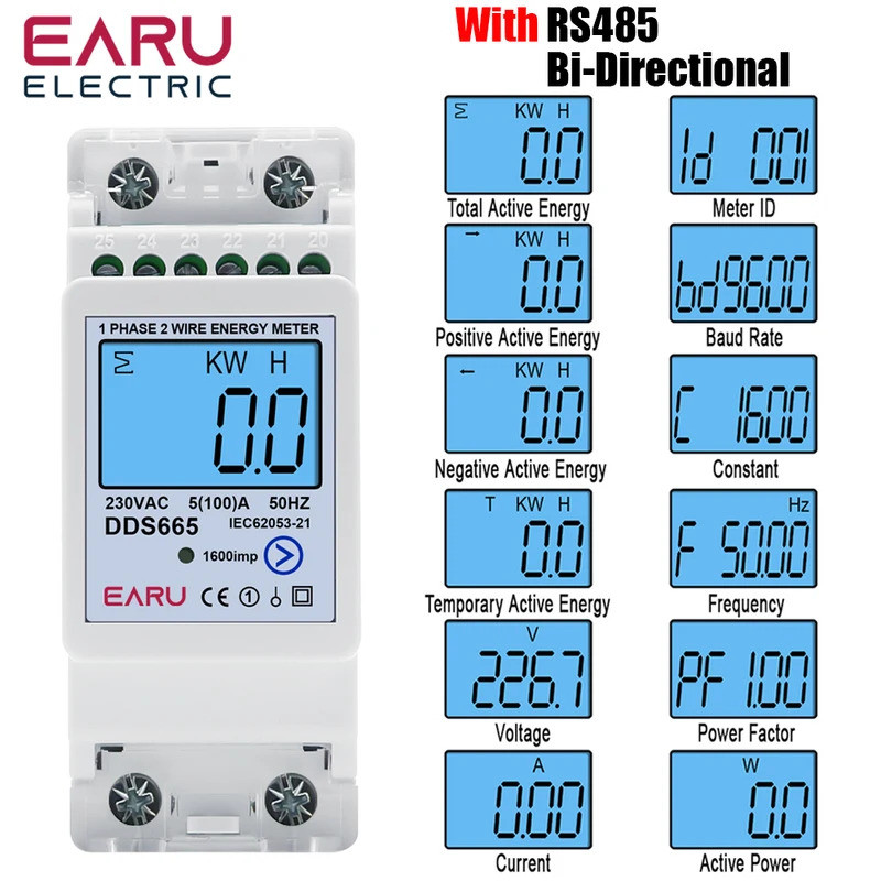 Multifunction 230V 100A Bi-Directional Energy Meter Reset Zero Kwh Solar PV Power Voltage ...