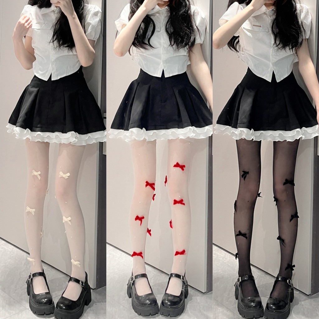 JK Lolita Styles Pink Velvet Bow Embroidery Pearl Tights Pantyhose ...