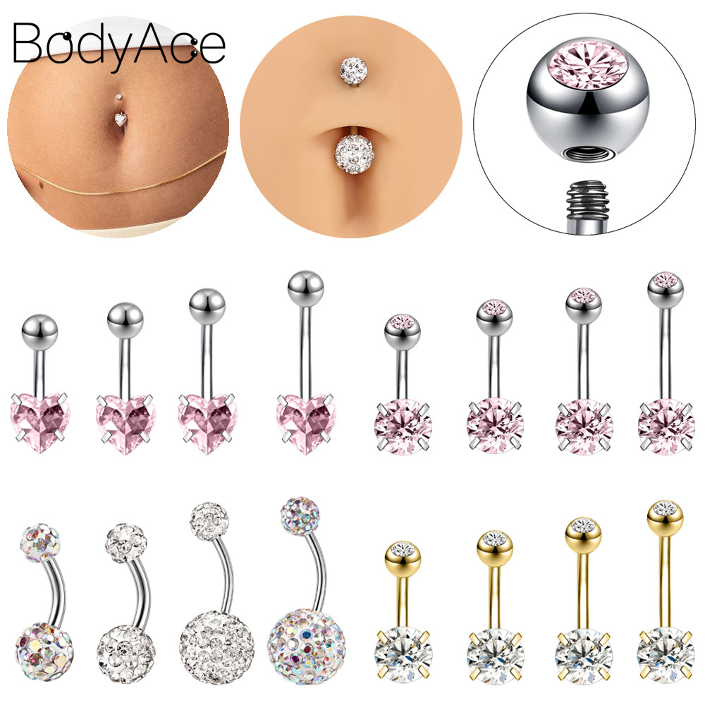 Bodyace 1 Pc Crystal Navel Ring 14G Navel Piercing Stainless Steel ...