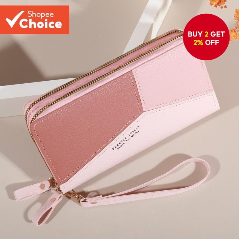 Women's Three Color Patchwork Long Wallets Zipper Coin Purse Card Holder Phone Pouch | Shopee ...