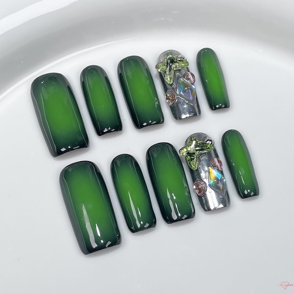 Long Square Press On Nails Glossy Texture with Rhinestone Design Fake ...