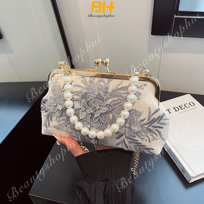 Exquisite Flowers Rhinestone Lace Clutch Bag Socialite Pearl Banquet ...