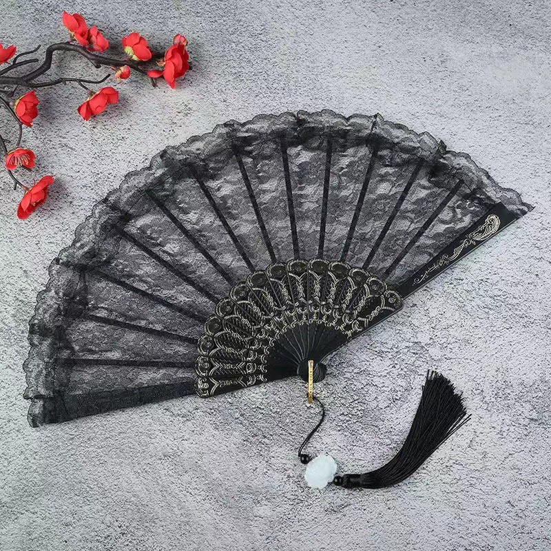 Lolita Gothic Fan Victorian Female Lace Hand Fan Vintage Black White ...
