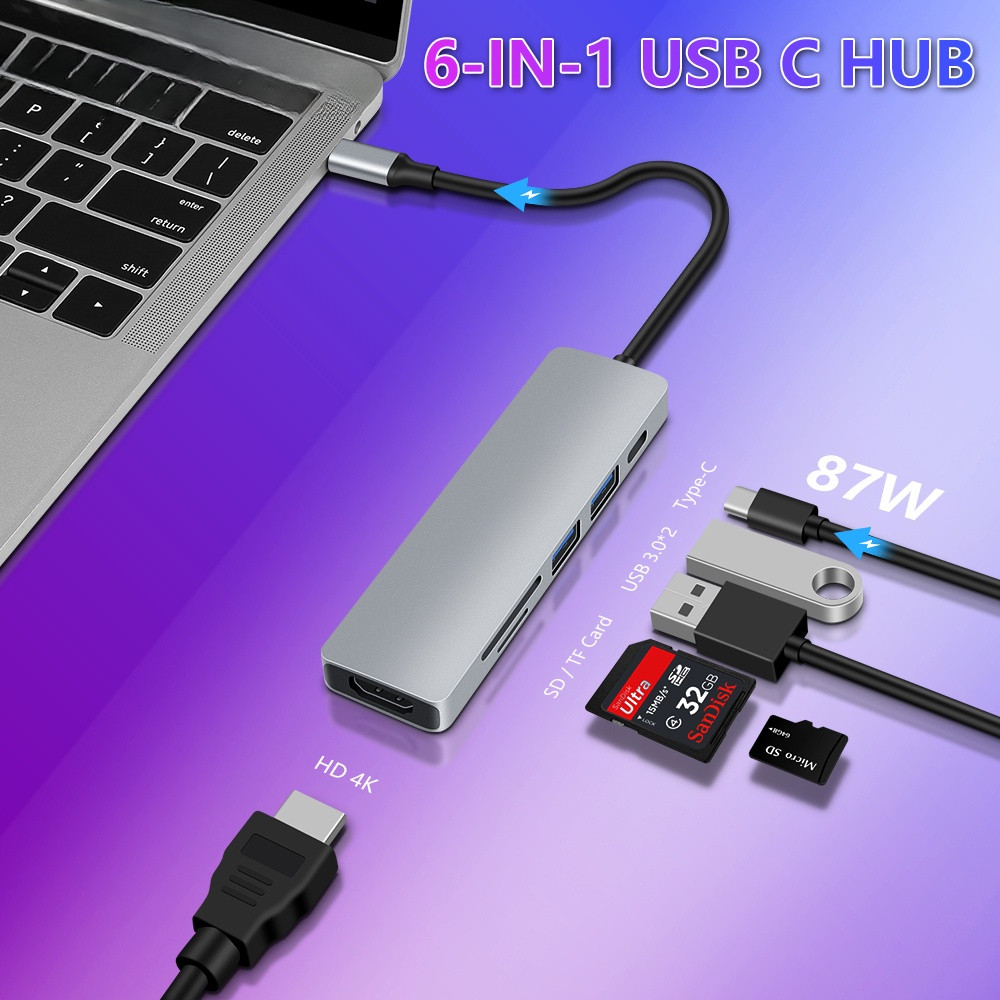 Universal 6 in 1 Hub Adapter Converter Extension HDMI USB Type-C ...