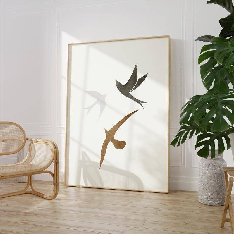 Simple Flying Birds Neutral colors art ,Minimal birds Wall,Flock of ...