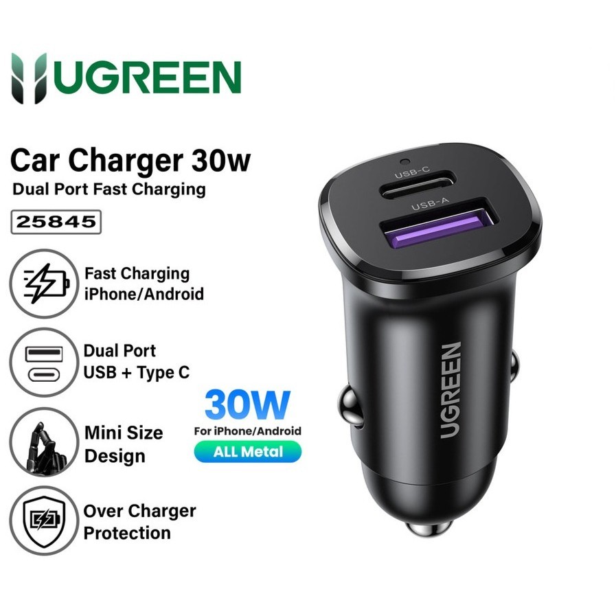 Ugreen Car Charger Car 30W PD 3.0 20W QC Dual Port USB Type A/C | Shopee Philippines
