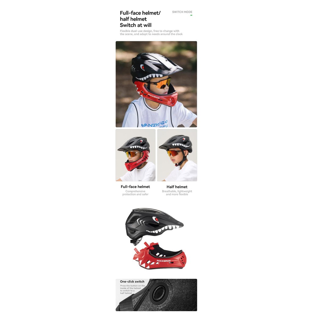 ROCKBROS Kids Full/Half Helmet Detachable Safety Breathable Multi-layer ...
