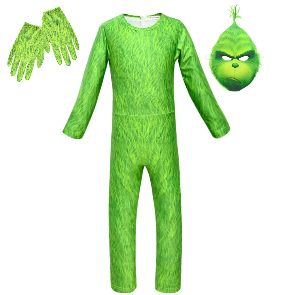 Kids Grinch Monster Jumpsuit Mask Gloves Set Boys Christmas Halloween ...