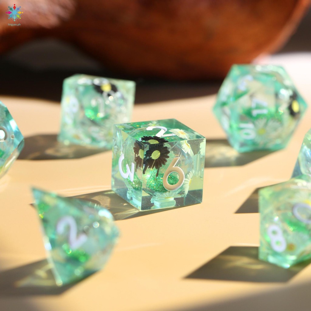 7-Piece Resin Liquid Core Dice Set Swirling Glitter Multi-Shaped D&D ...