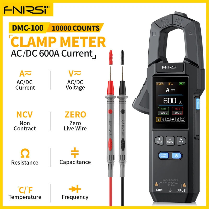 FNIRSI DMC-100 Clamp Meter 10000 Counts TRMS AC/DC Current Amperemeter ...