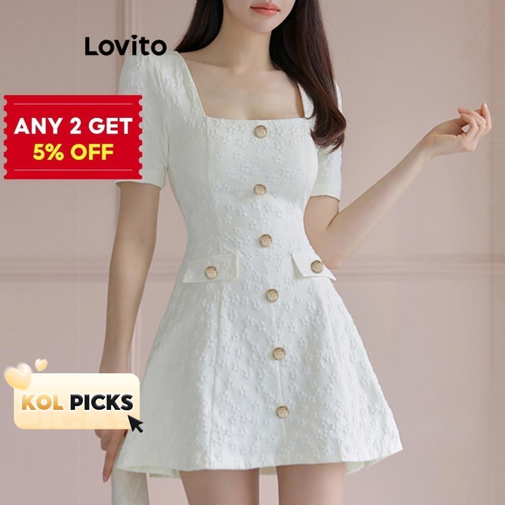 (KOL‘s pick) Lovito Women Elegant Plain Button Front Fake Pocket Dress ...