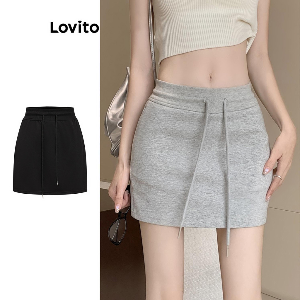 Lovito Women Casual Skirts Plain Drawstring Skirt LNA34046 (Grey ...