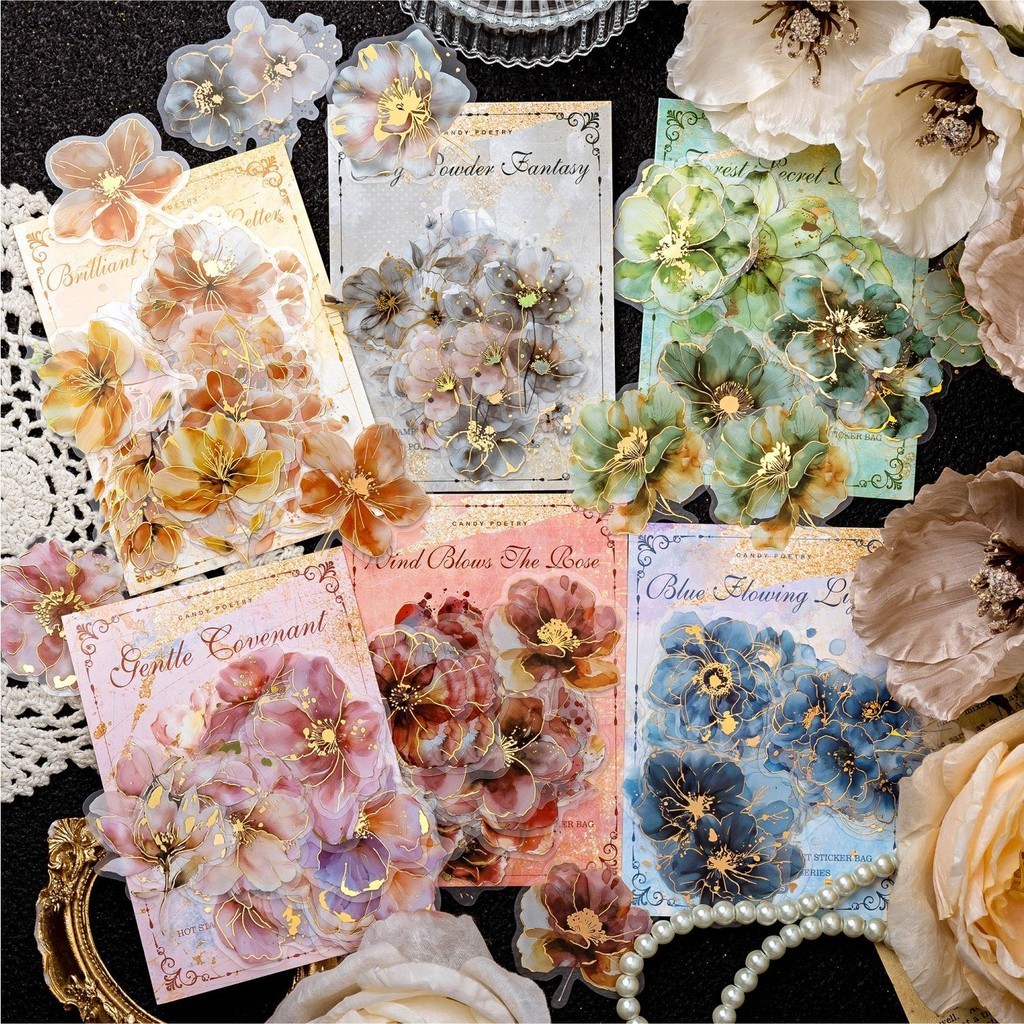 20 Pcs/pack Gold Foil Rose Floral Stickers Transparent Aesthetics ...