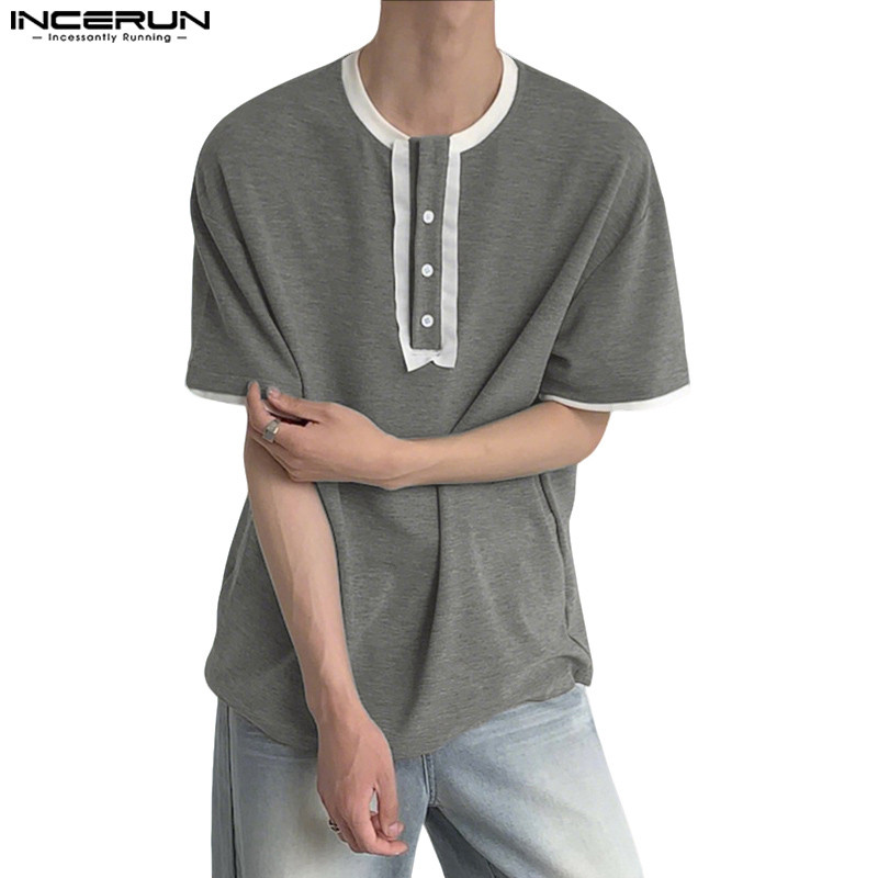 INCERUN Men Korean Cityboy Style Crew Neck Half-Button Contrast ...