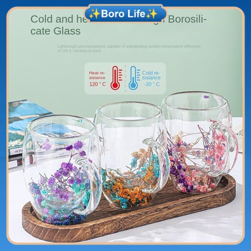 300LML Preserved Flower Double Layer Glass Cup Couple Cold Drink Cup ...