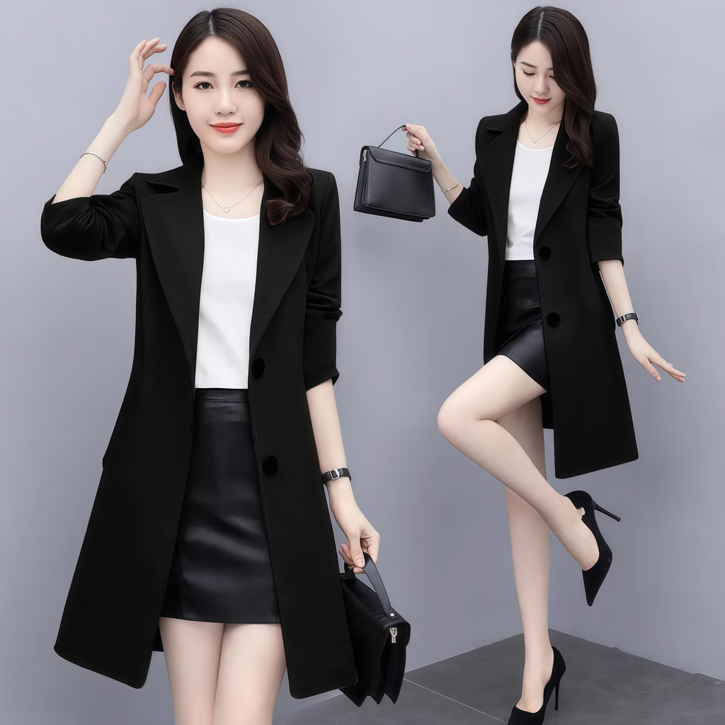 plain black long sleeve trench long coat for women office formal attire ...
