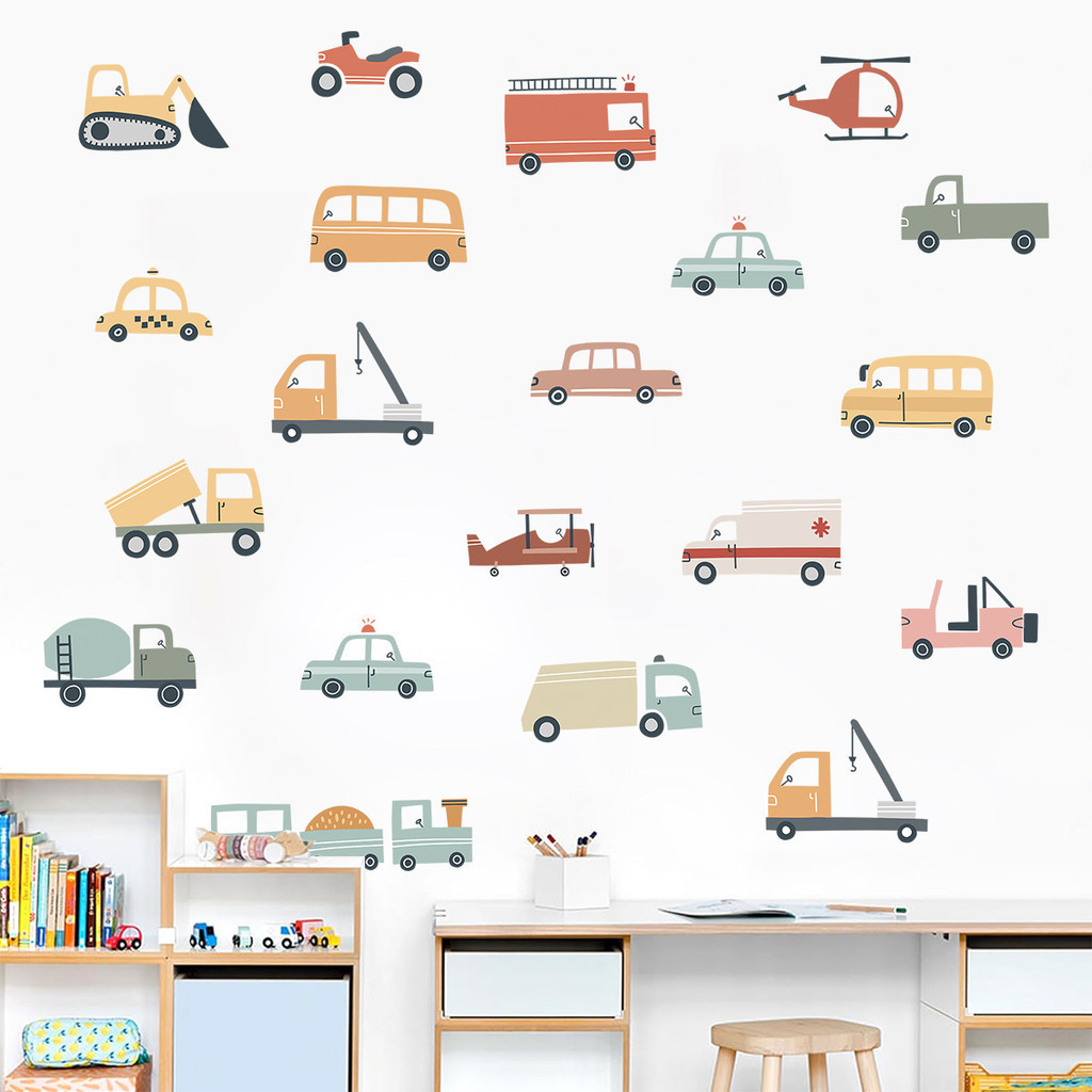 Cartoon Car Self-Adhesive Wall Sticker, Cute Engineering Vehicle ...